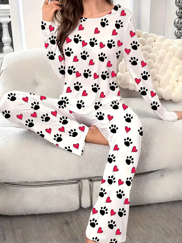 Dames pyjama set | Hartjes en pootafdruk print met lange mouwen ...